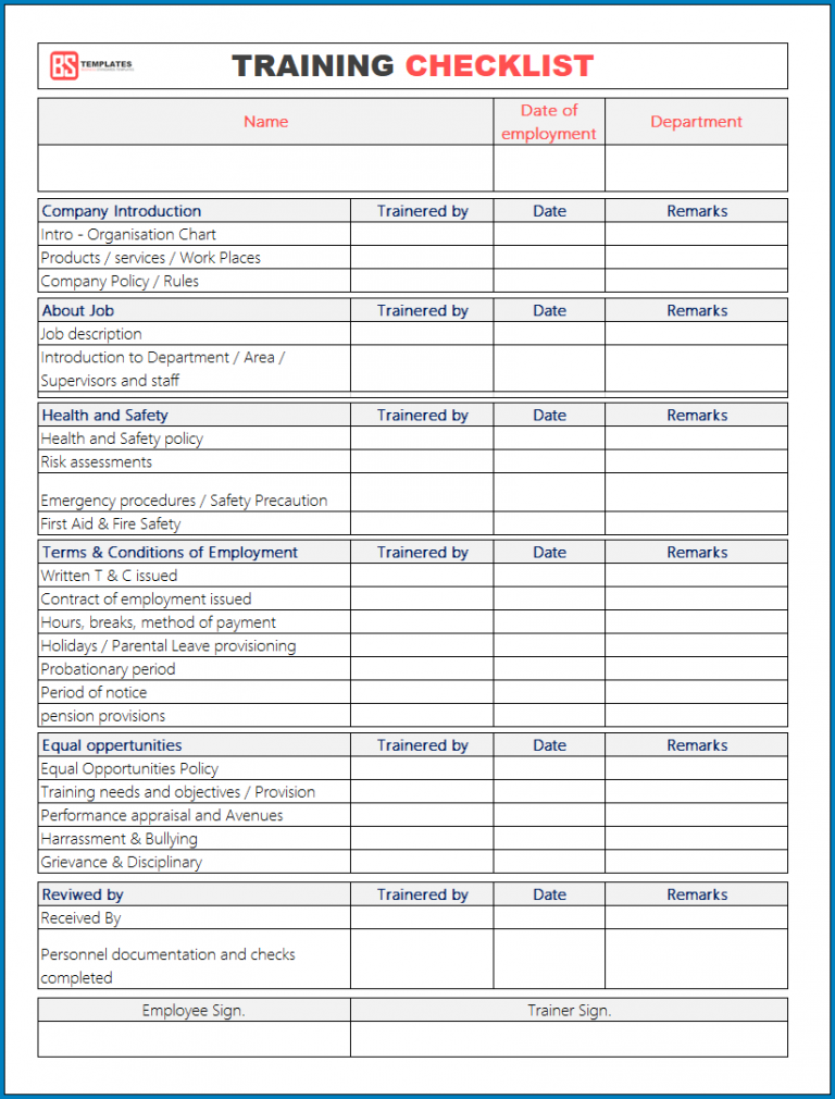 √ Free Printable Employee Training Checklist Template | Checklist Templates