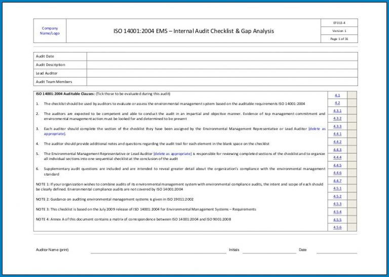 √ Free Printable Environmental Compliance Audit Checklist Template ...