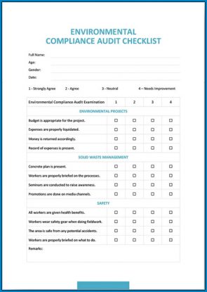 √ Free Printable Environmental Compliance Audit Checklist Template ...