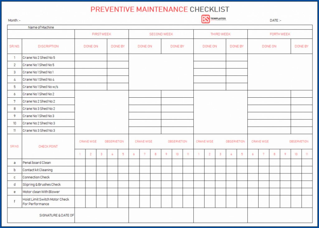 √ Free Printable Equipment Preventive Maintenance Checklist Template ...