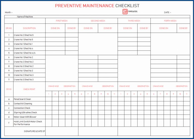 √ Free Printable Equipment Preventive Maintenance Checklist Template ...