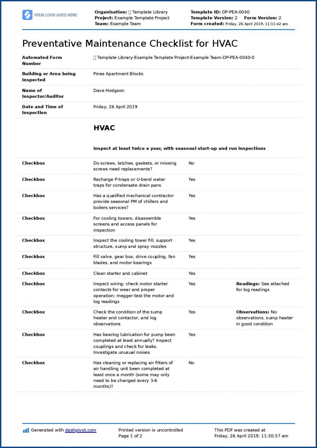  Free Printable HVAC Maintenance Checklist Template Checklist Templates