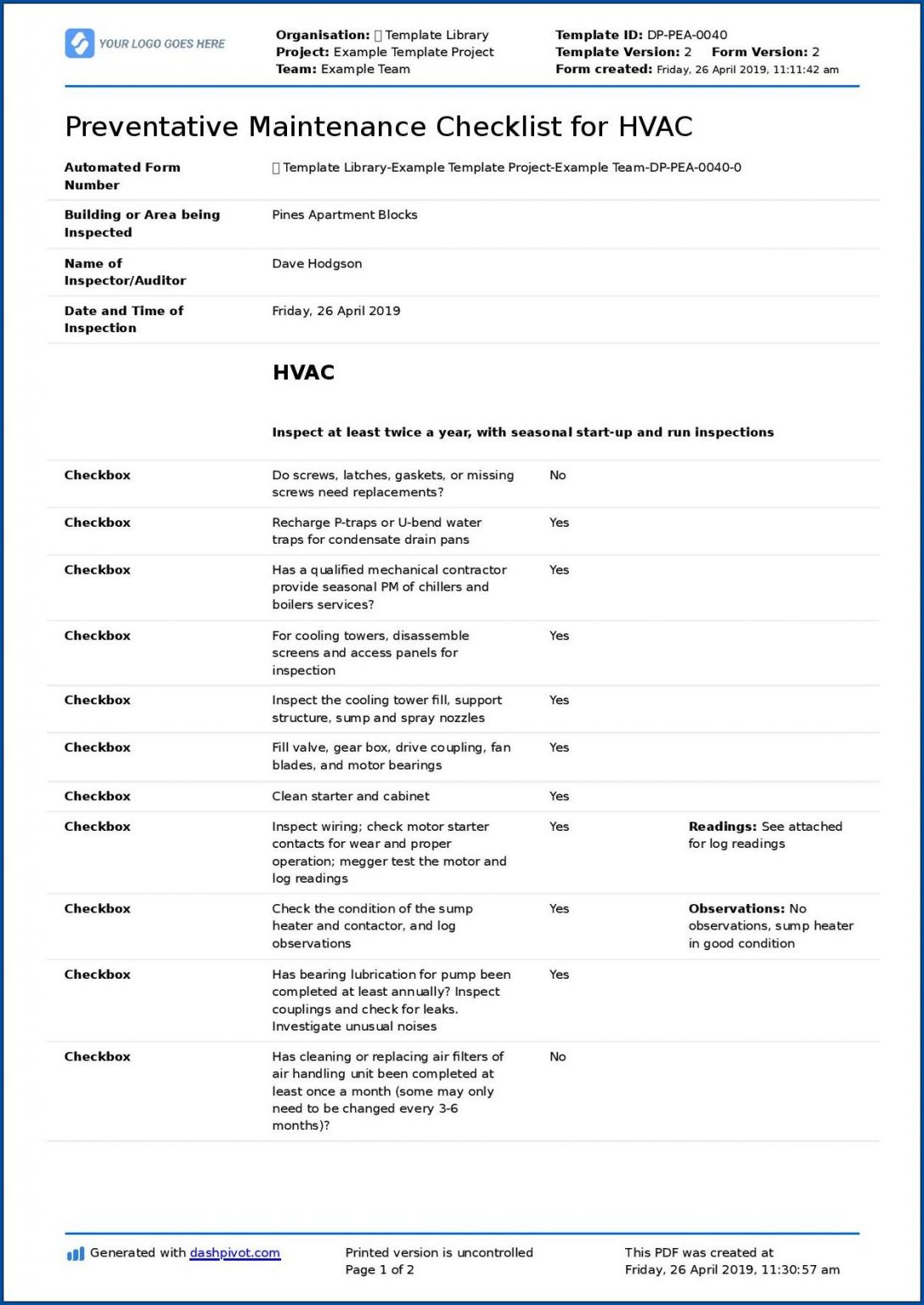 √ Free Printable HVAC Maintenance Checklist Template | Checklist Templates
