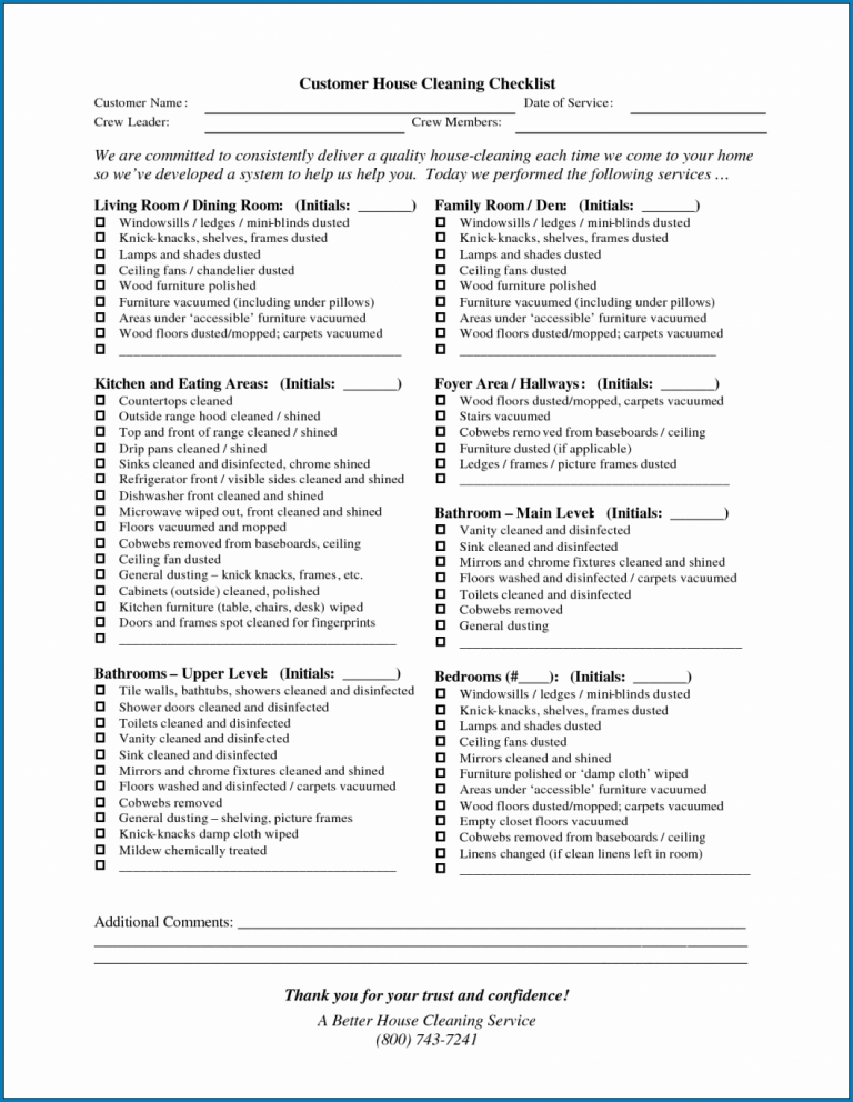 √ Free Printable Residential Cleaning Checklist Template | Checklist ...
