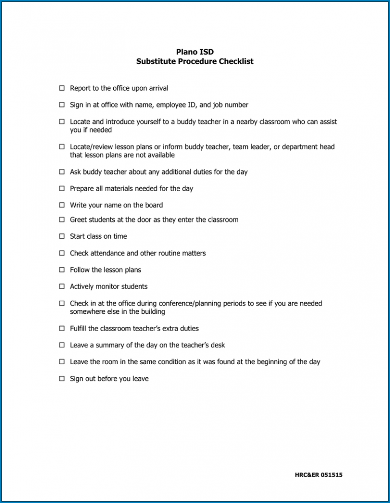 √ Free Printable Substitute Teacher Checklist Template | Checklist ...