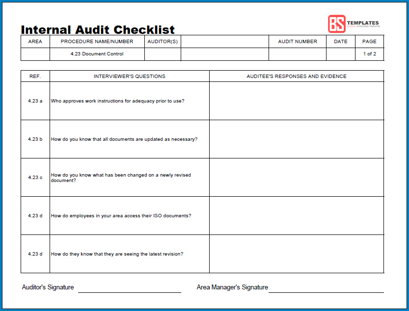  Free Printable Internal Audit Checklist Template Checklist Templates