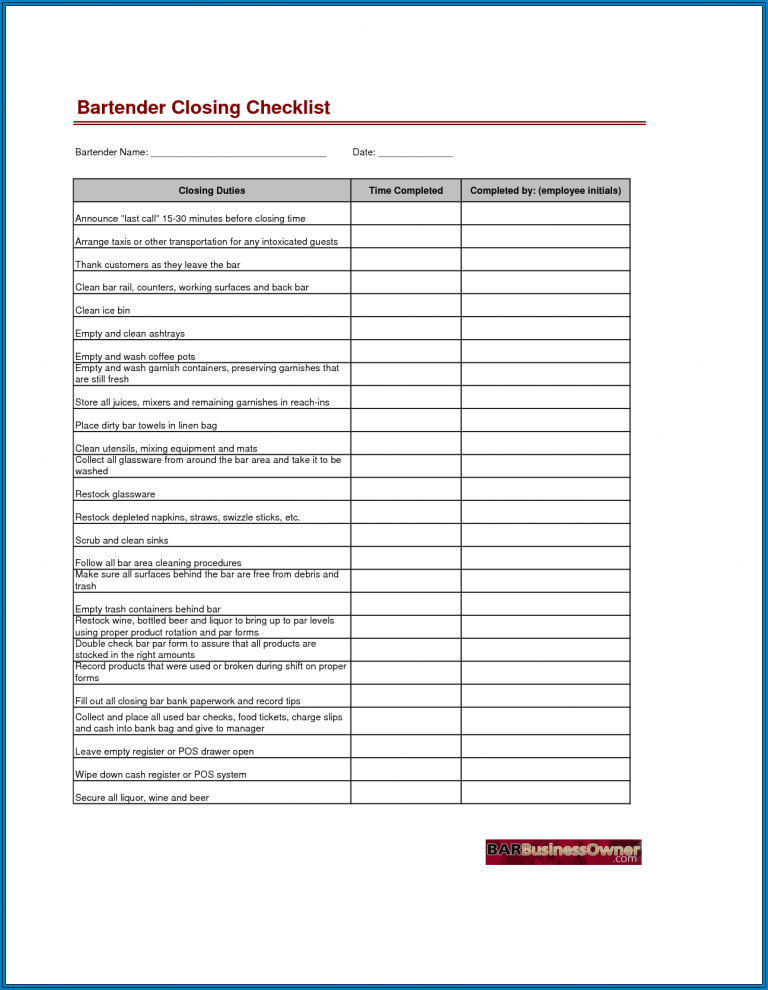 √ Free Printable Restaurant Closing Checklist Template | Checklist ...