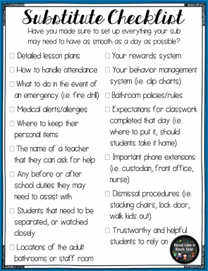 √ Free Printable Substitute Teacher Checklist Template | Checklist ...