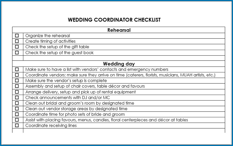  Free Printable Wedding Coordinator Checklist Template Checklist Templates